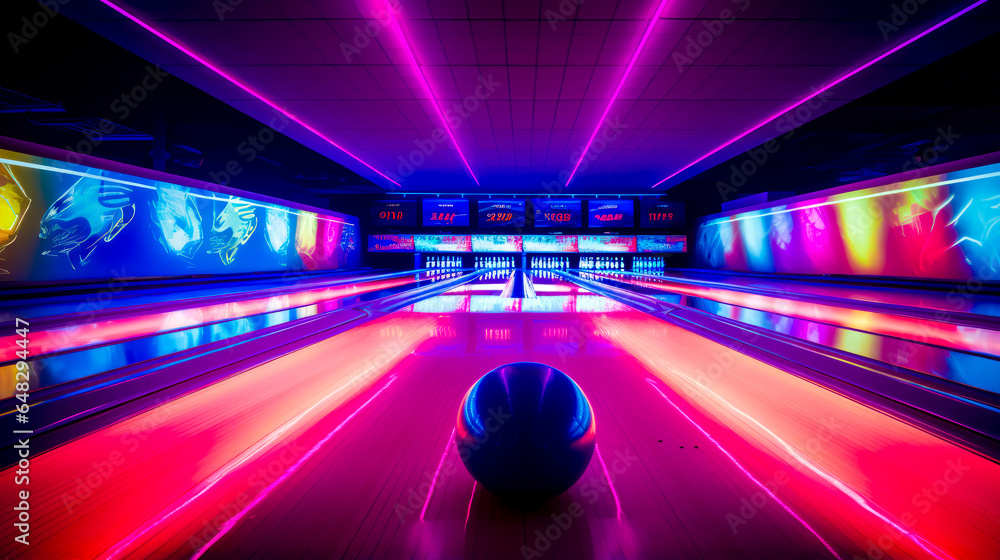 Bowling alley with neon lights and bowling ball in the middle of the ...