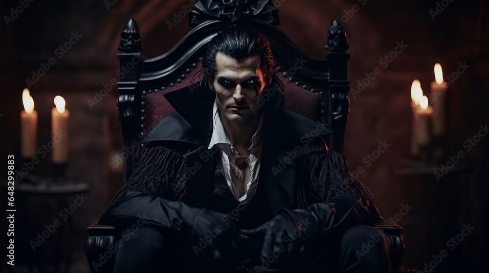 Handsome scary male vampire with fangs, in black fancy suit, sitting in ...