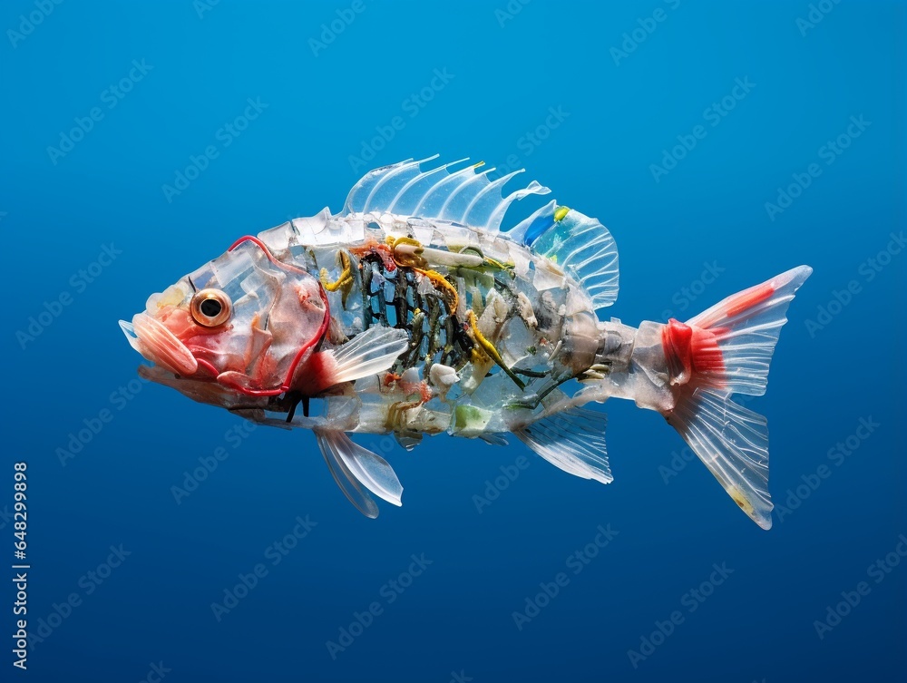 Fish made of waste plastic trash swimming in the sea, concept of water ...