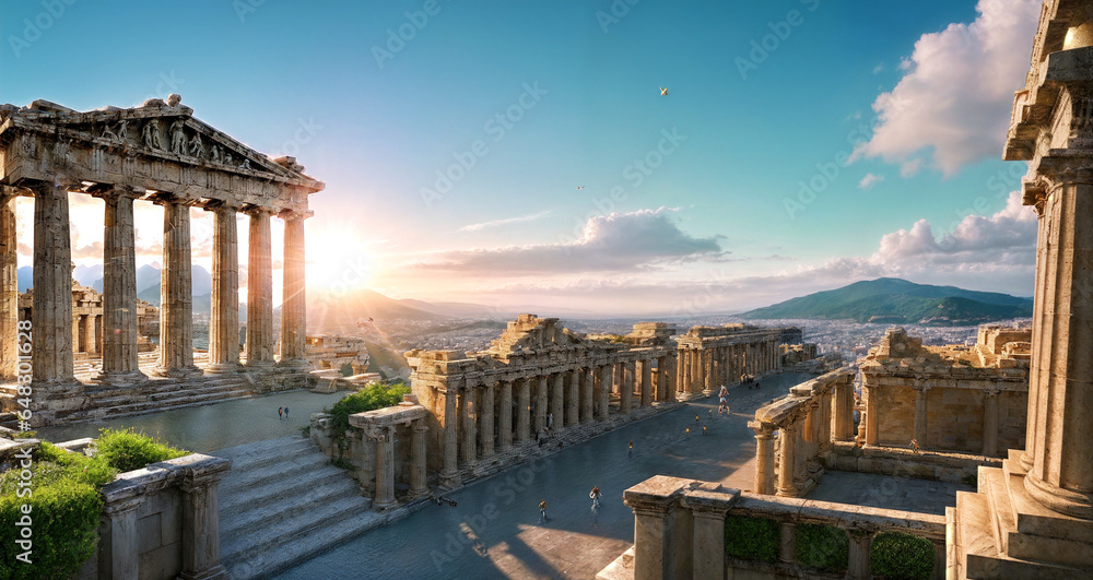 Gran foro griego rodeado de templos antiguos destruidos al atardecer ...