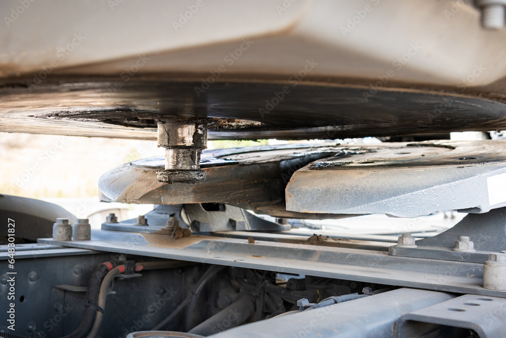 Kingpin of the semi-trailer with the fifth wheel of the truck about to ...