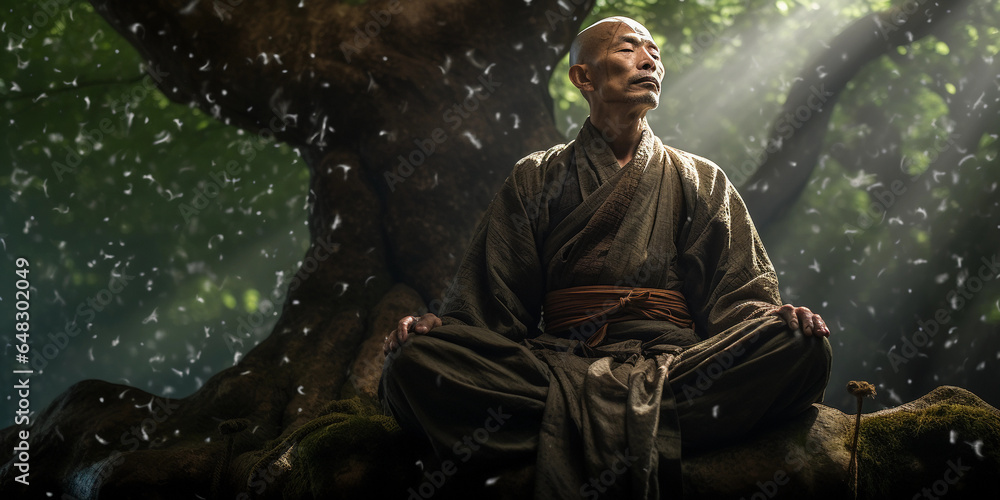 Japanese warrior monk( Sohei) meditating under a giant, ancient tree ...