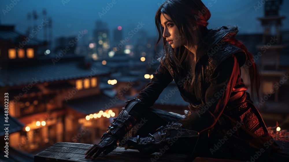 Foto de Japanese Kunoichi( female ninja) , crouched on a rooftop ...