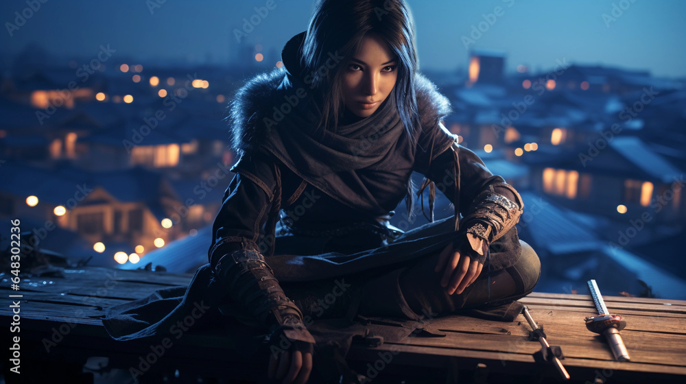 Foto de Japanese Kunoichi( female ninja) , crouched on a rooftop ...