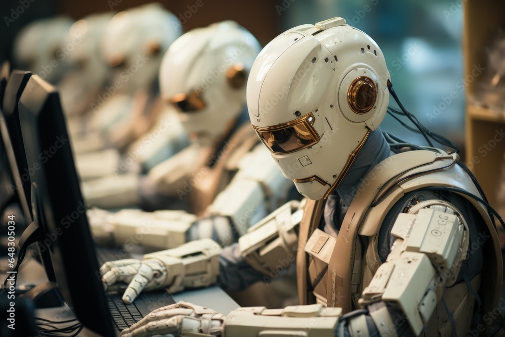 Many identical AI robots sitting at desk in the office and working with ...