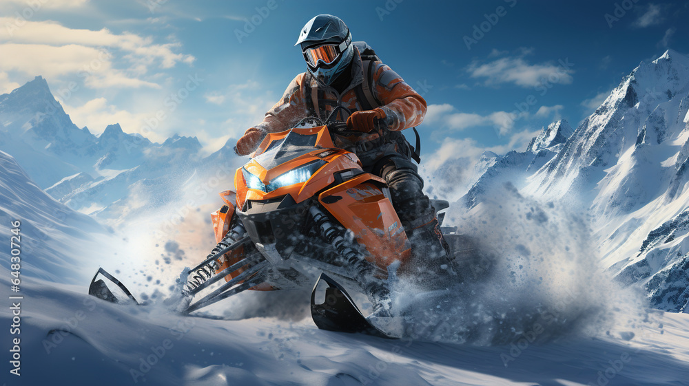 Man driving snowmobile in winter mountain background. Extreme ...