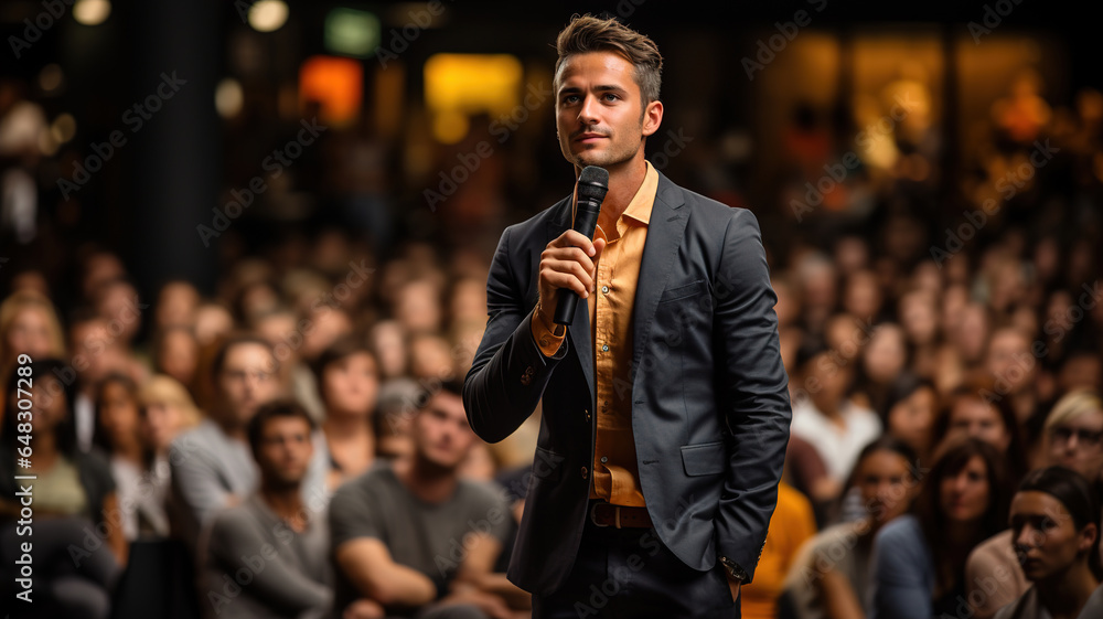 Male Speaker Standing on Stage in front of audience on conference or ...