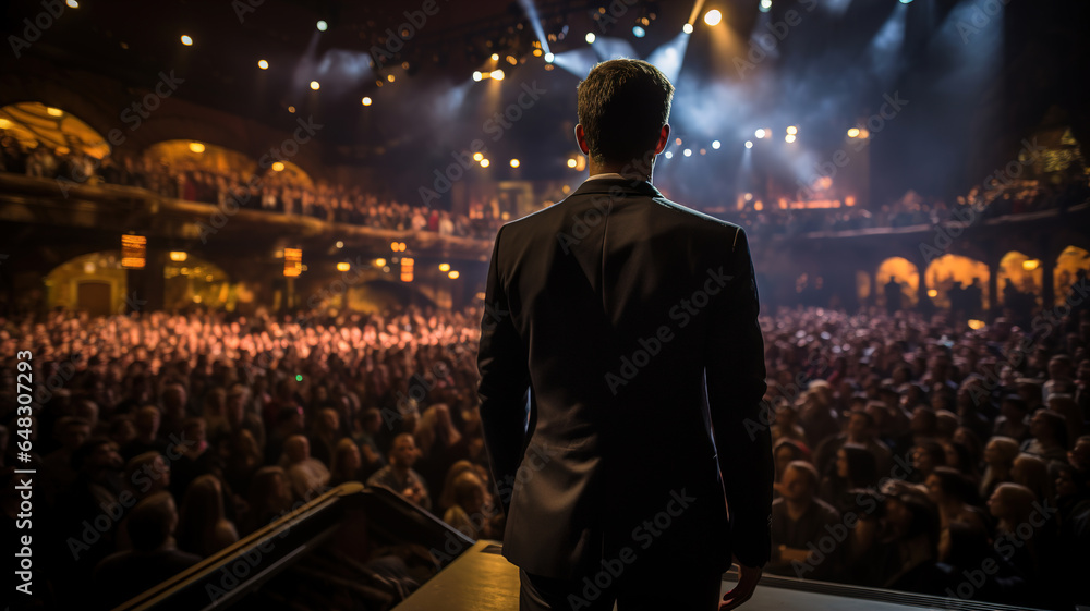 Male Speaker Standing on Stage in front of audience on conference or ...