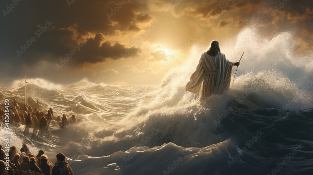 Religious biblical concept, the story of Moses parting the sea, flight ...