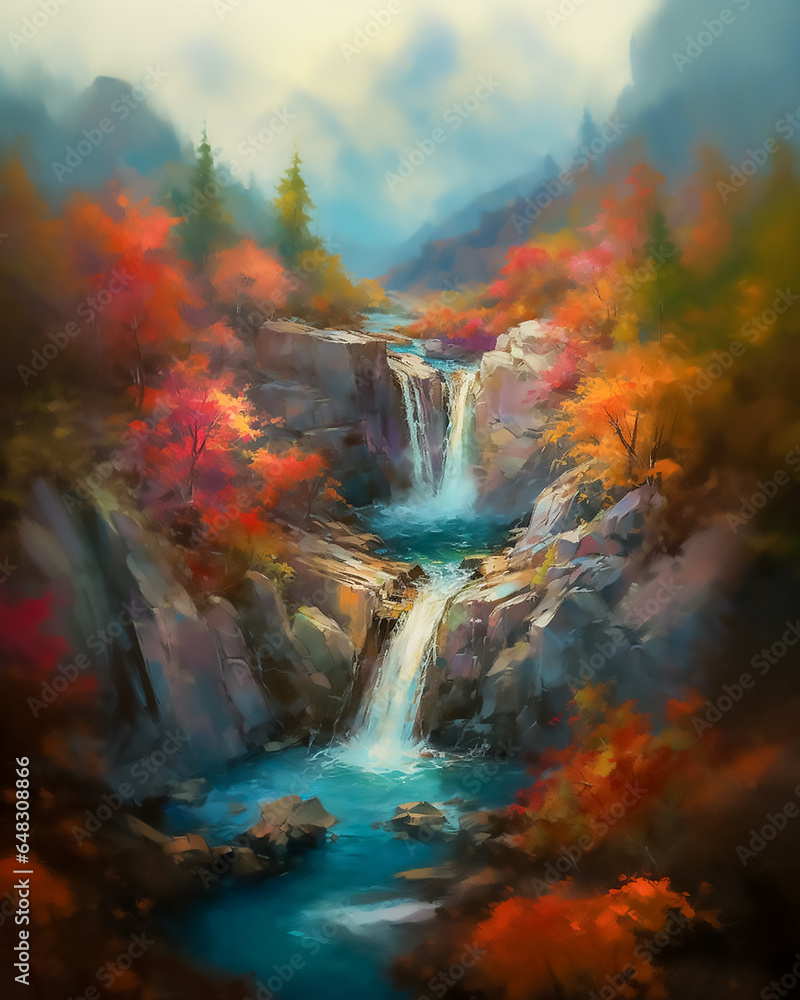 Painting of beautiful water fall with fall foliage dreamy landscape ...