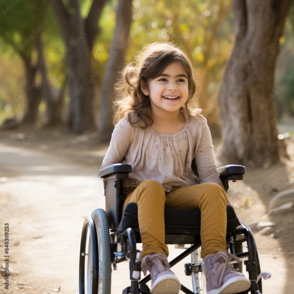 A beautiful young cute model handicapped kid girl sitting in a ...