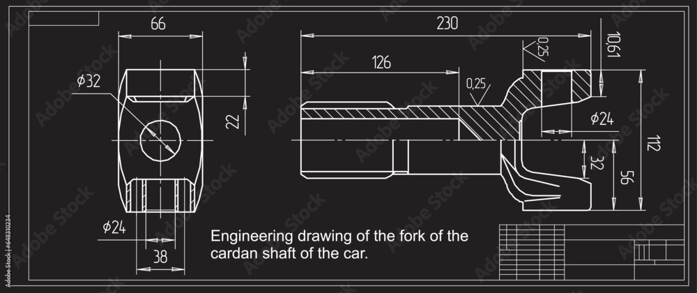Vector engineering drawing of the fork of the cardan shaft of the car ...