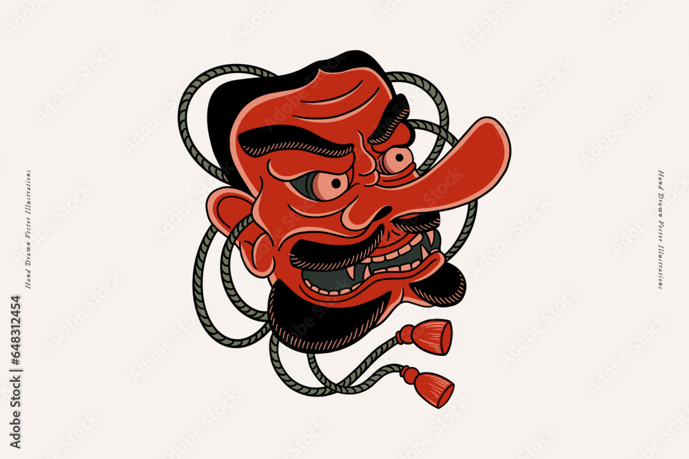 Red Tengu mask on a light background. Japanese mythical deity. A ...