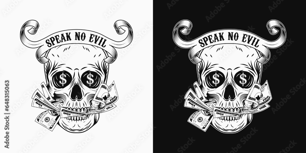 Label with skull, money, pile of 100 dollar bills, dollar sign, vintage ...