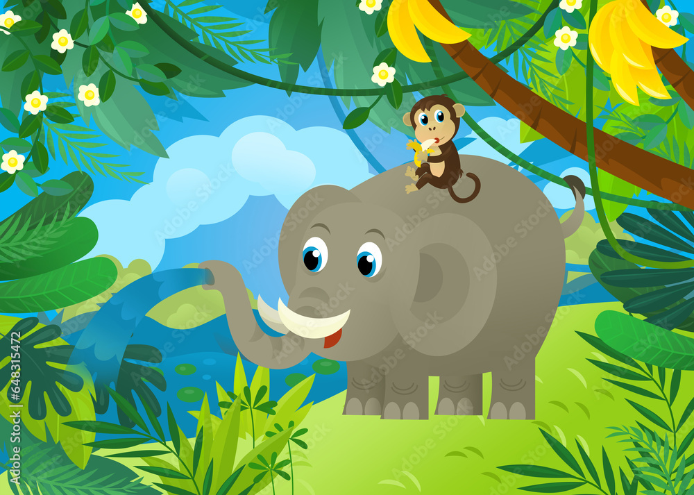 cartoon scene with elephant spilling water with other jungle animals ...