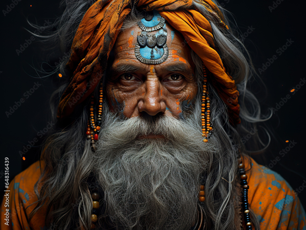 An artistic portrait of an Indian tribe elder with a wrinkled face and ...