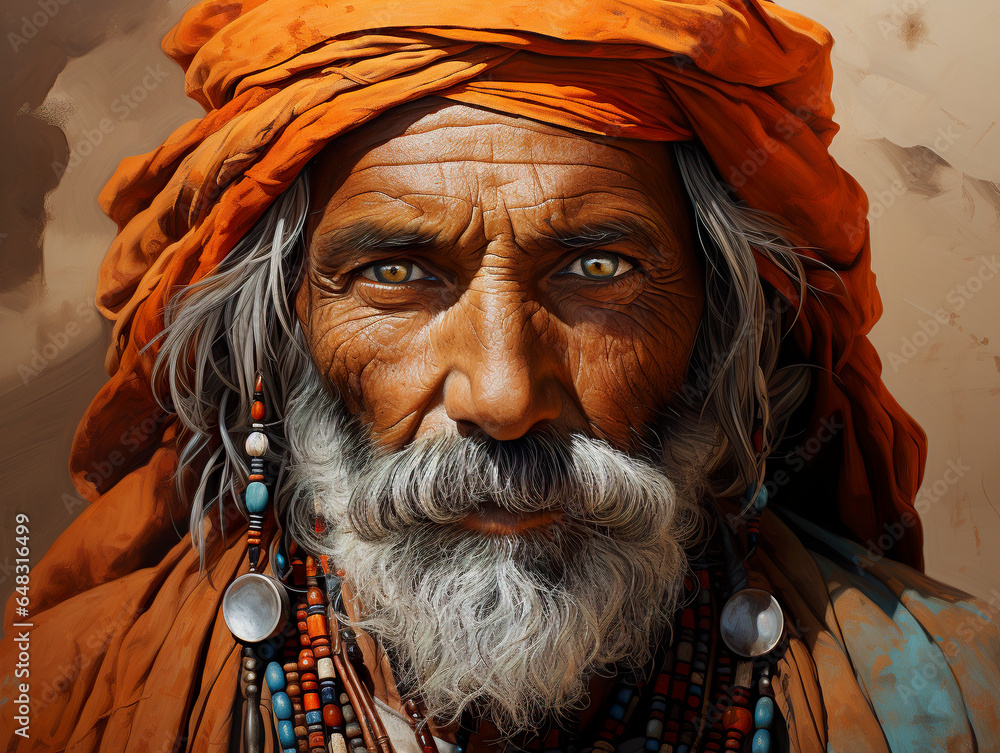 An artistic portrait of an Indian tribe elder with a wrinkled face and ...