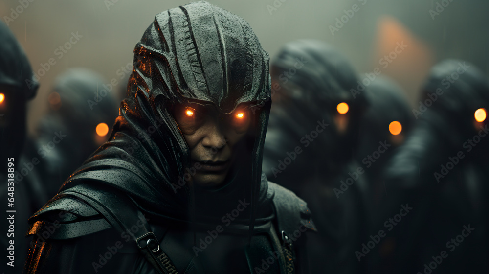 Abstract illustration of an army of alien soldiers wearing dark ...