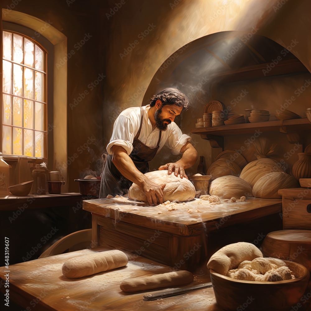 The image depicts an artisan baker at work in a warmly lit, rustic ...