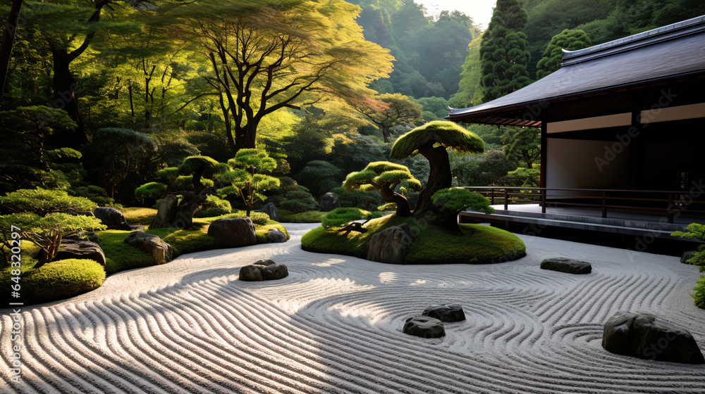 This image features a traditional Japanese Zen garden during what ...