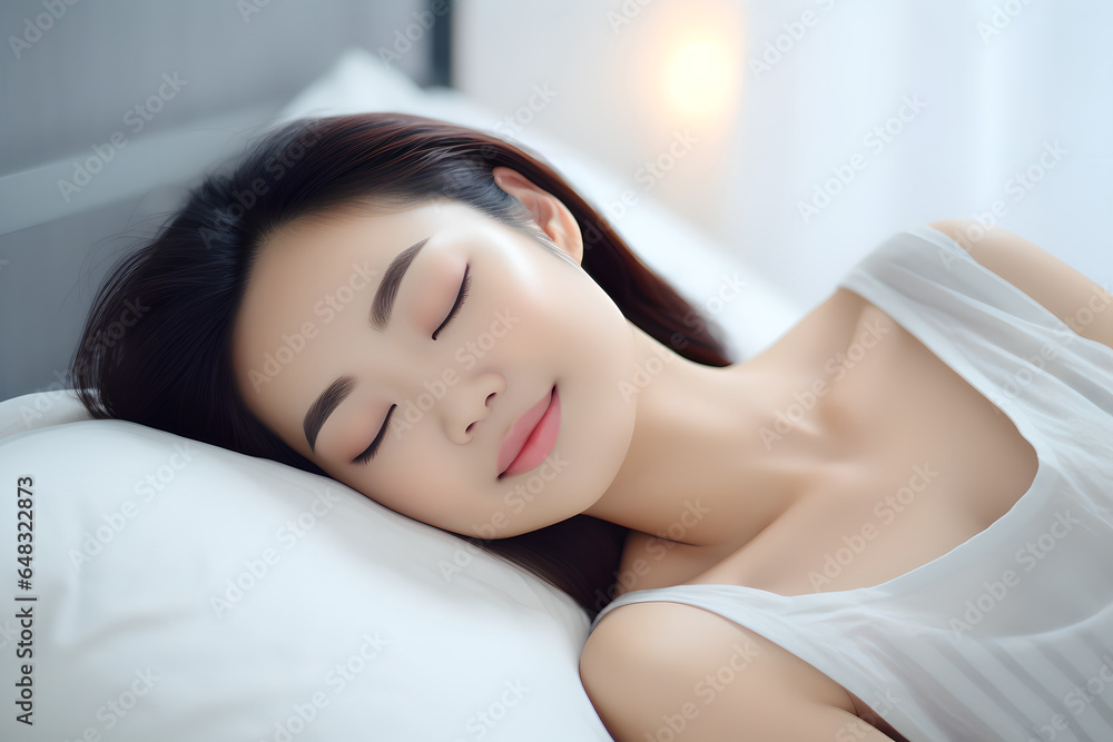 Beautiful asian woman sleeping on bed and relaxing in the morning ...