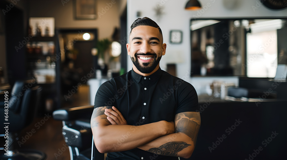 Portrait of handsome young barber posing with his arms crossed inside a ...
