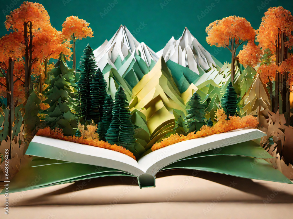 an open book with a picture of a mountain and trees on it, paper craft ...