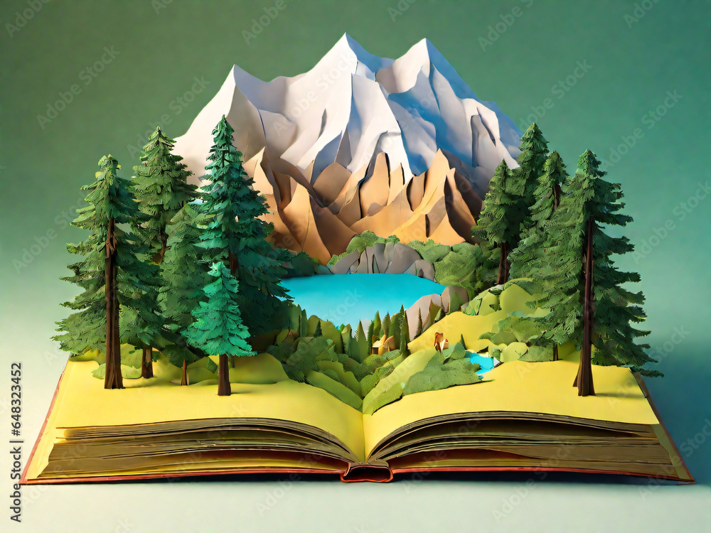 an open book with a picture of a mountain and trees on it, paper craft ...
