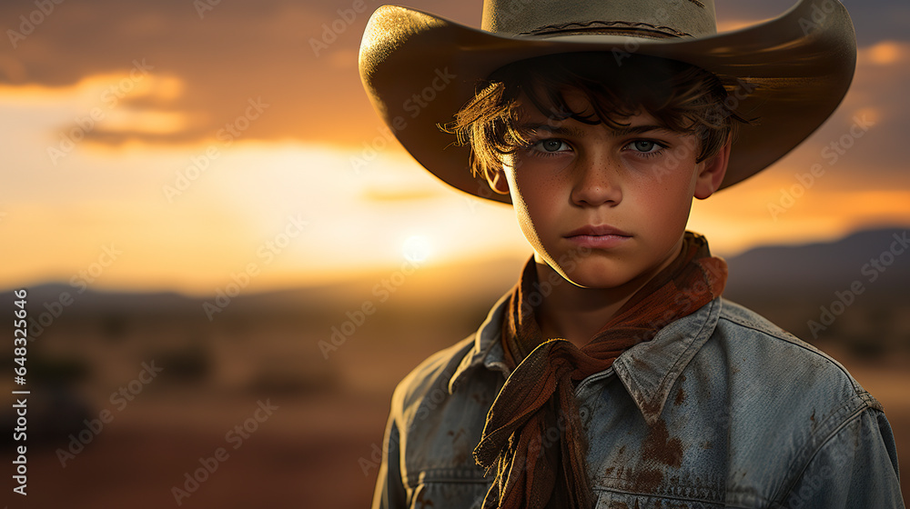Illustration of a portrait of a cowboy boy in full authenticity. Old ...