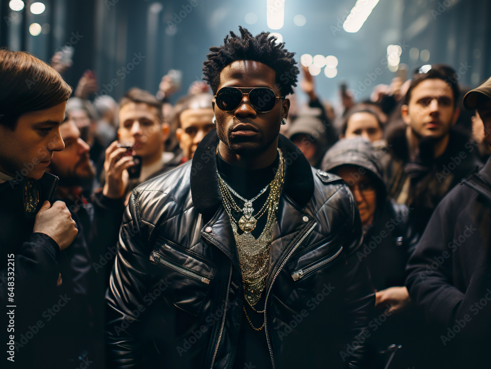 A rapper prepares to enter the stage of his show. Rapper with flashes ...