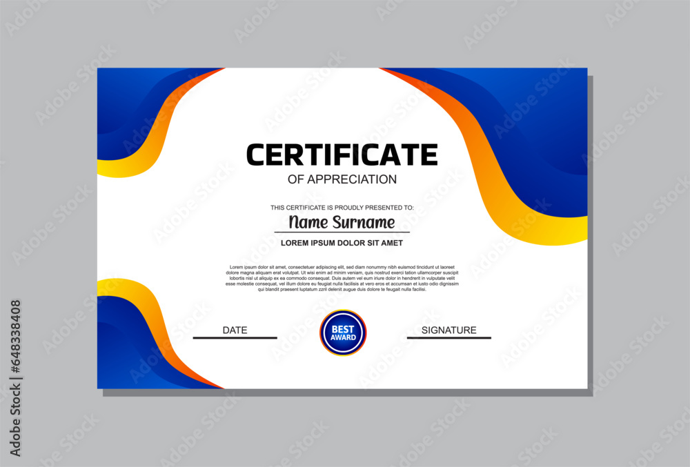 A professional certificate template featuring a vibrant blue and orange ...