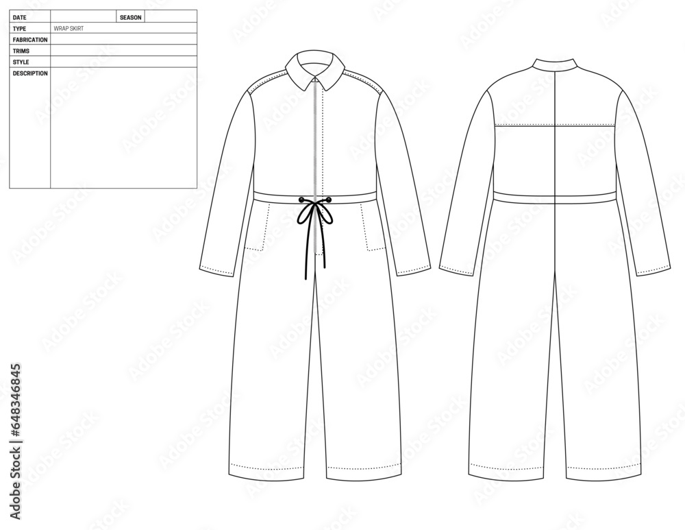 Stylish Long Sleeve Jumpsuit: Vector Flat Sketch - Bestselling Fashion ...