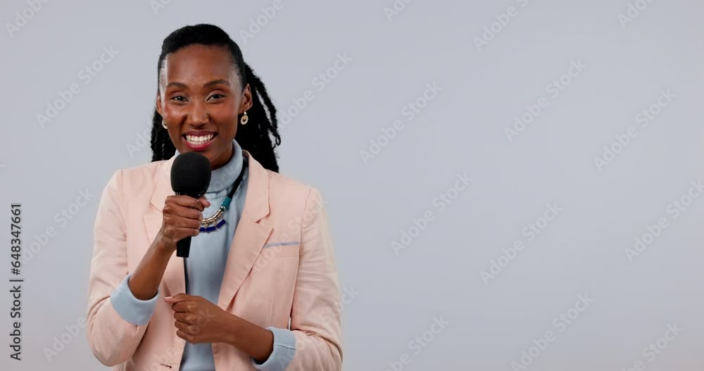 Happy black woman, microphone and news anchor in presentation or ...