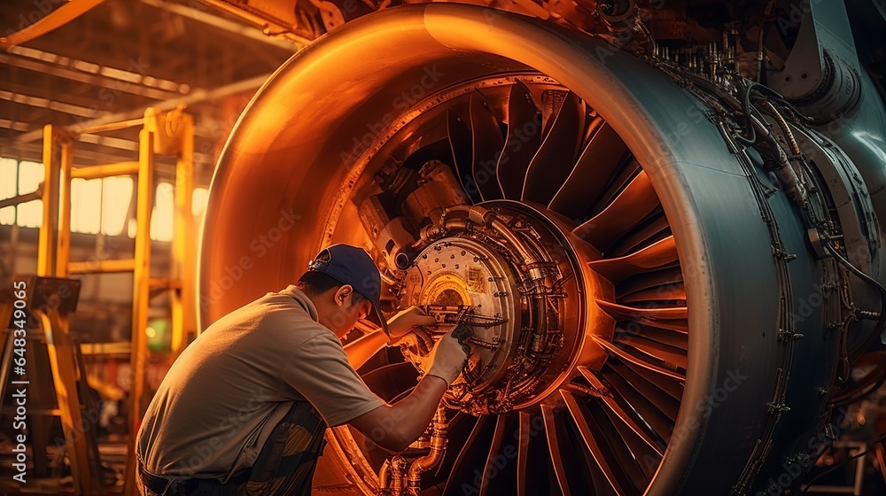 Engineer working on a jet engine in a factory. Industrial background ...