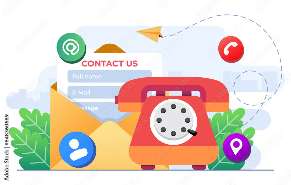 Envelope with Contact Us form and telephone, Customer care service flat ...