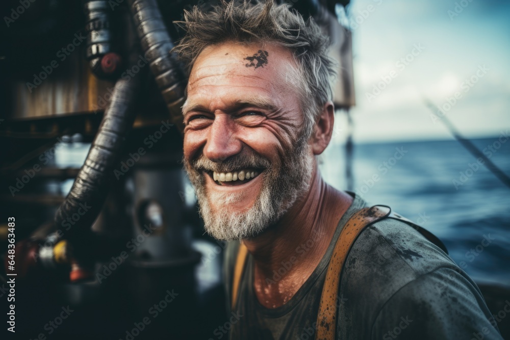 Smiling portrait of a middle aged male oilrig worker working on an ...