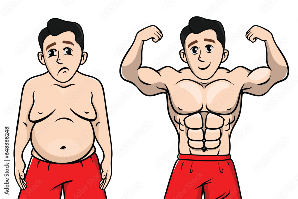 Fat and slim man, before and after Weight loss concept, vector muscular ...