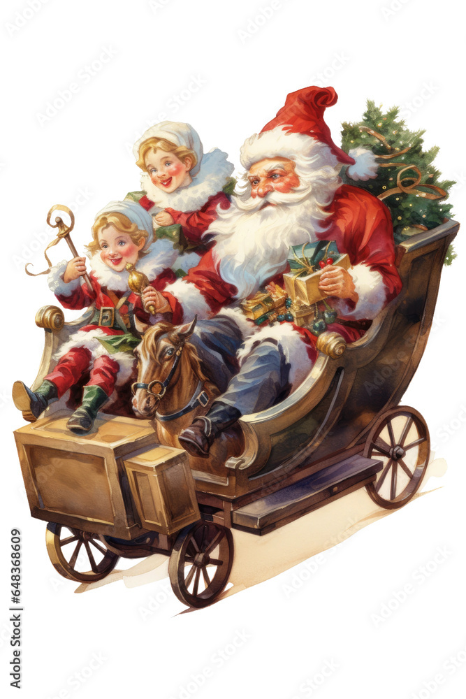 elves loading santas sleigh with gifts vintage illustration isolated on ...