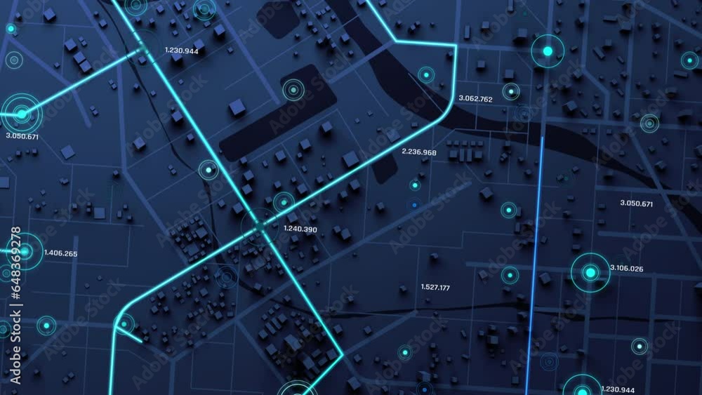 3D Rendering Top view City map with navigator line and destination GPS ...
