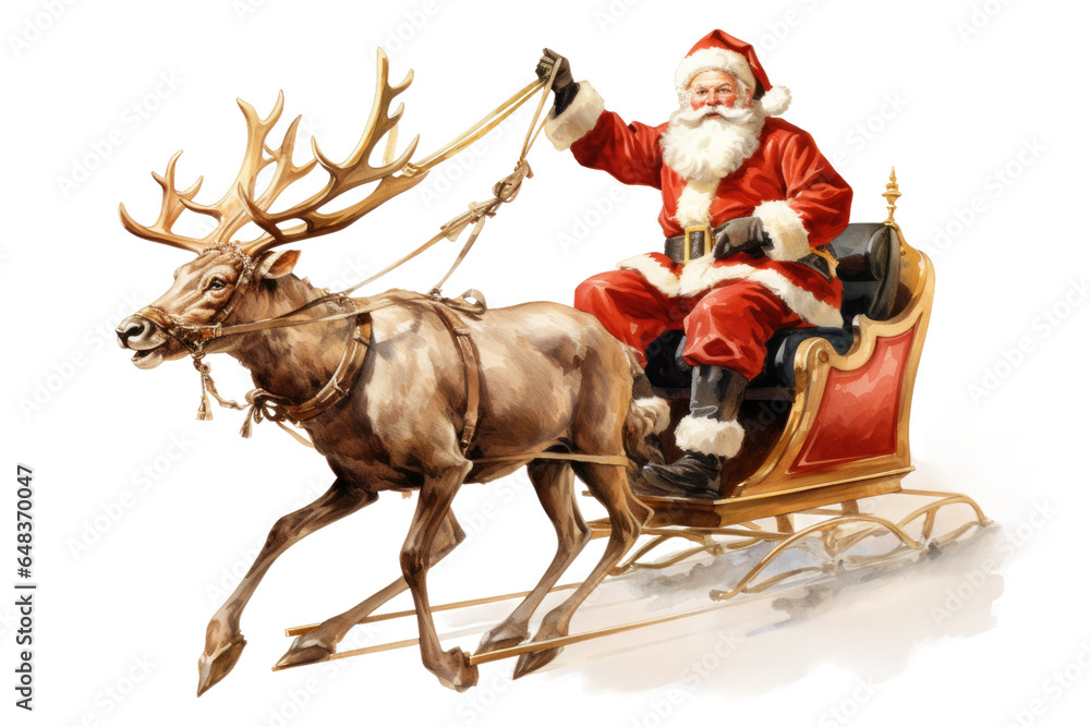santa getting his reindeer ready to fly vintage illustration isolated ...