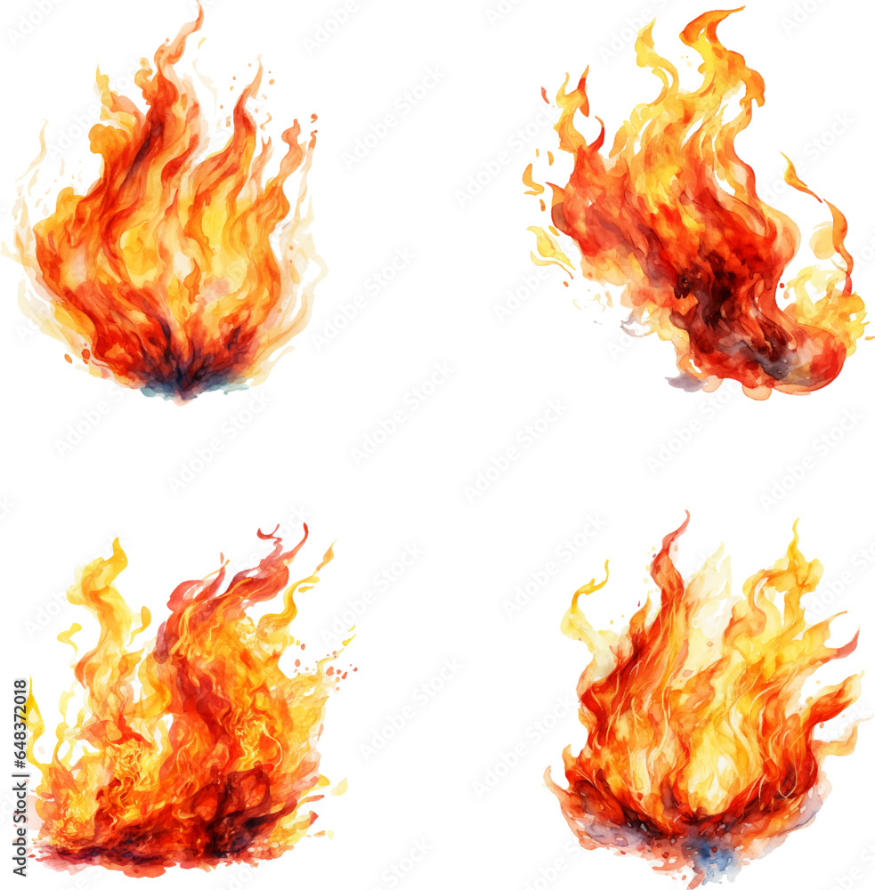 Watercolor fire set. set of watercolor flame fire illustrations Stock ...