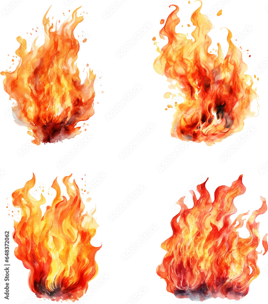Watercolor fire set. set of watercolor flame fire illustrations Stock ...