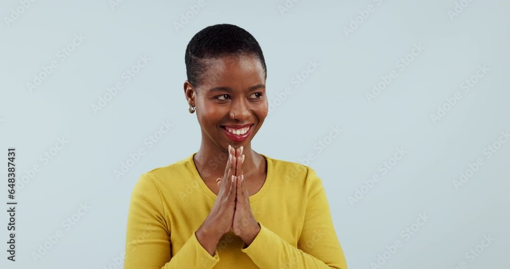 Thinking, planning and evil scheme of happy woman in studio isolated on ...