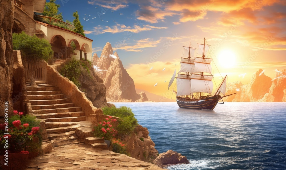 Seascape, a sailing ship enters the bay to the pier. Photo wallpapers ...