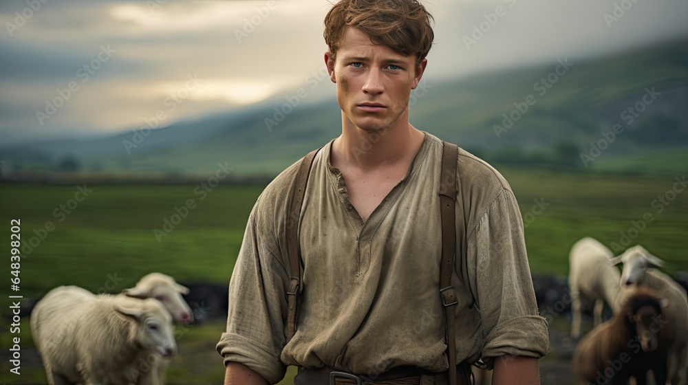 Handsome young man in the meadow with cattle Shepherd working on farm ...