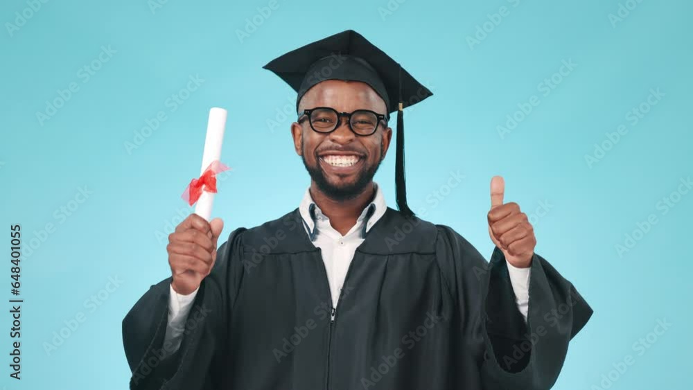 Vidéo Stock Black man, graduation and thumbs up with diploma and face ...