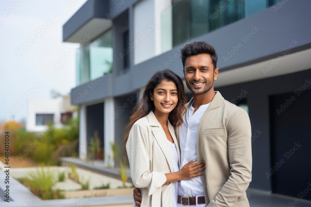 Young indian couple standing together in front of new home Stock Photo ...