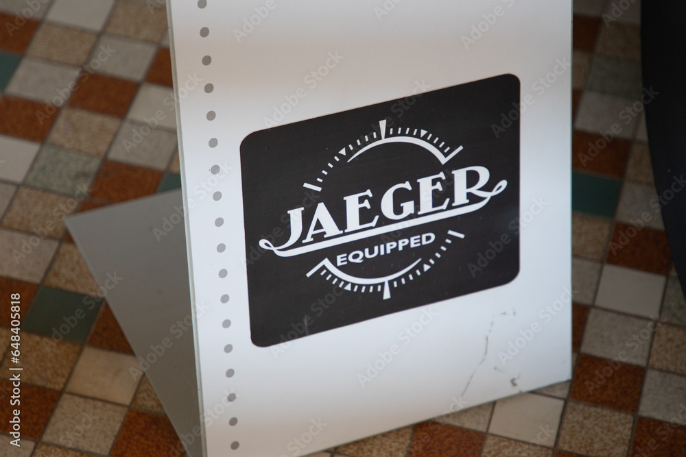 Jaeger speedometer car sign brand and text logo for race and luxe Stock ...