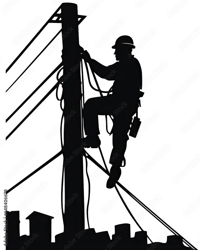 Silhouette of an Electrical Power Lineman Climbing an Electrical ...