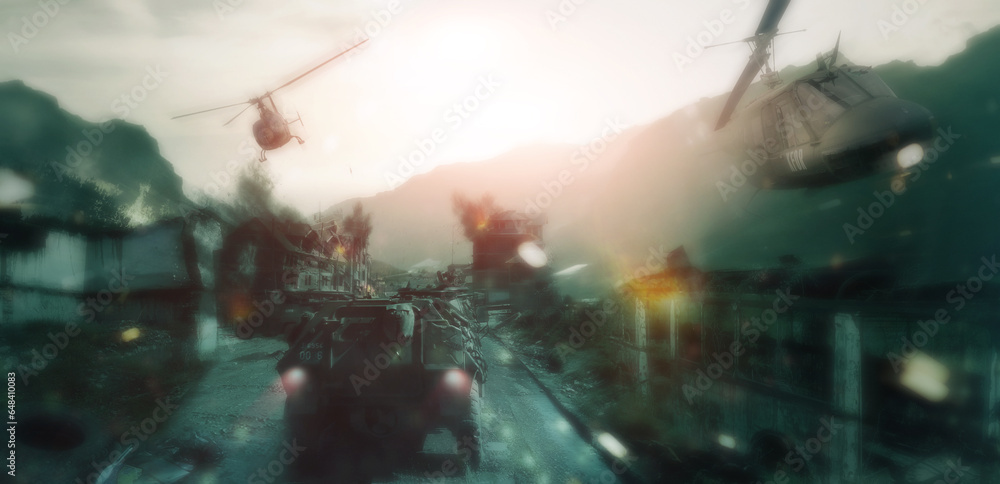 Military, warzone and apocalypse with helicopter on battlefield for ...